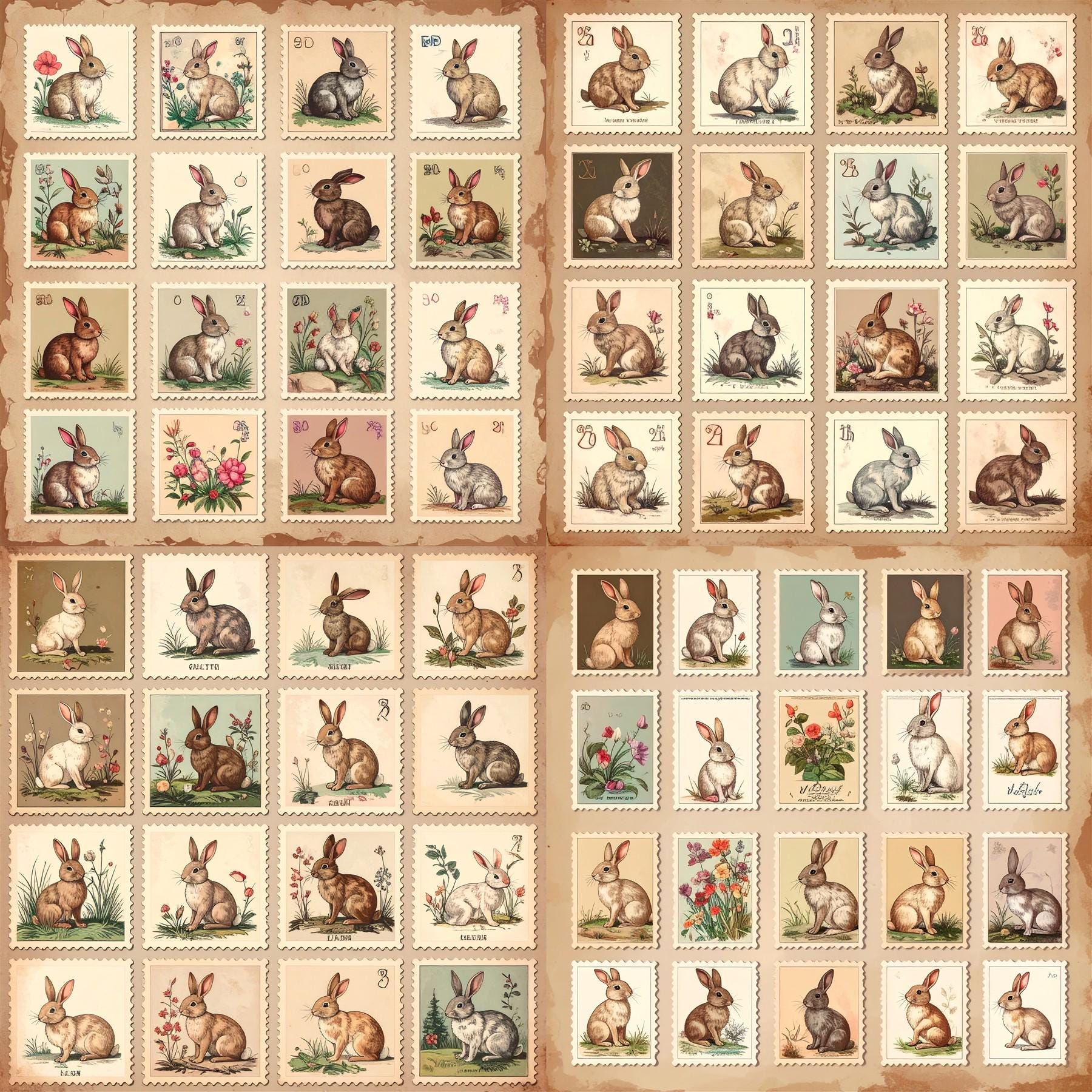 Vintage Rabbit Postage Stamp Collage Sheets – Printable Bunny Ephemera ...