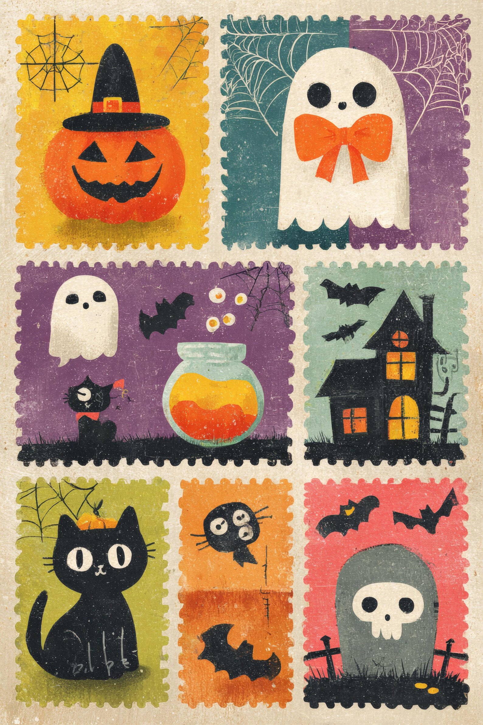 Vintage Halloween Stamp Set Ghost Pumpkin Cat Haunted House Cauldron ...