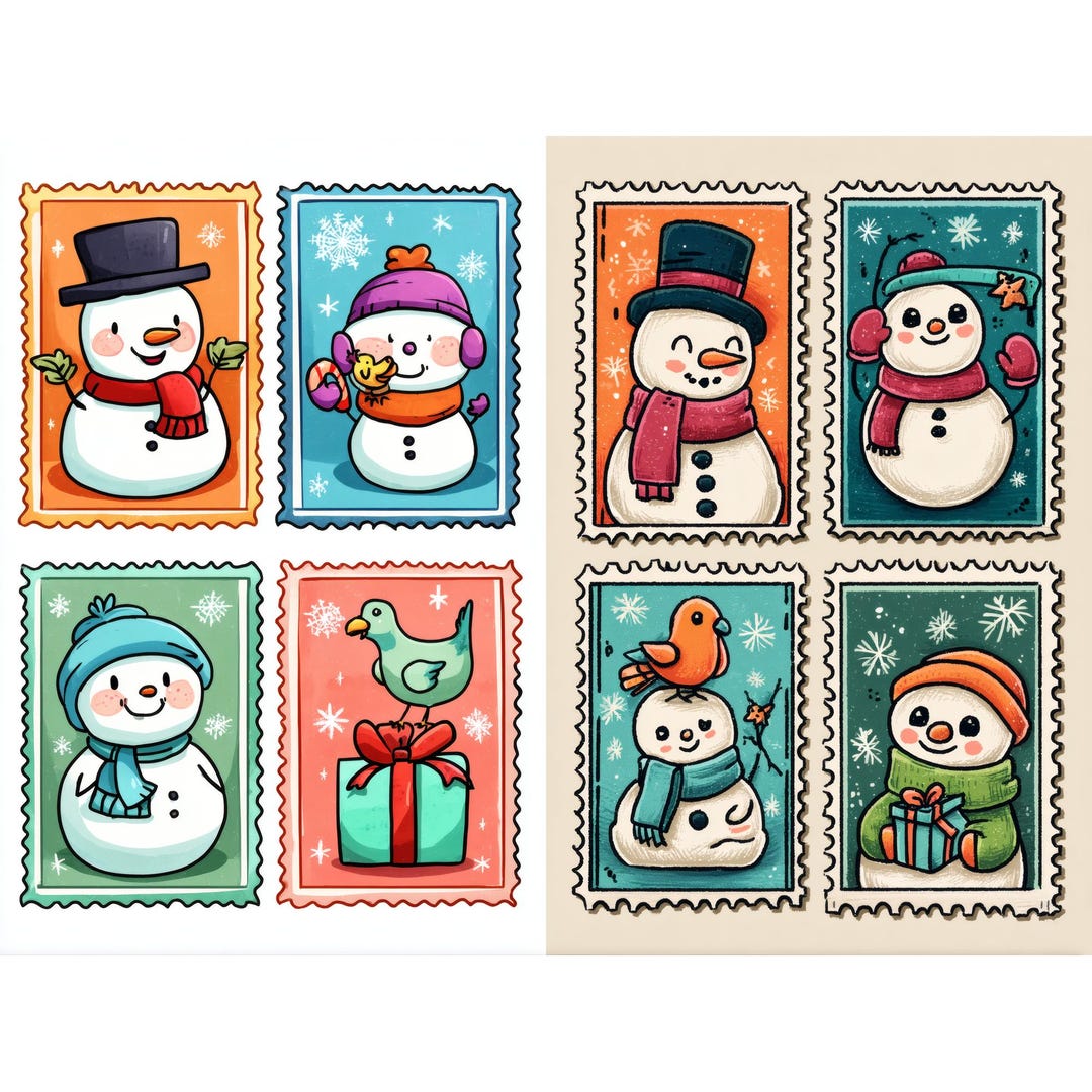 48 Snowman Postage Stamp Sheet With Cute Cartoon Winter Snowman ...
