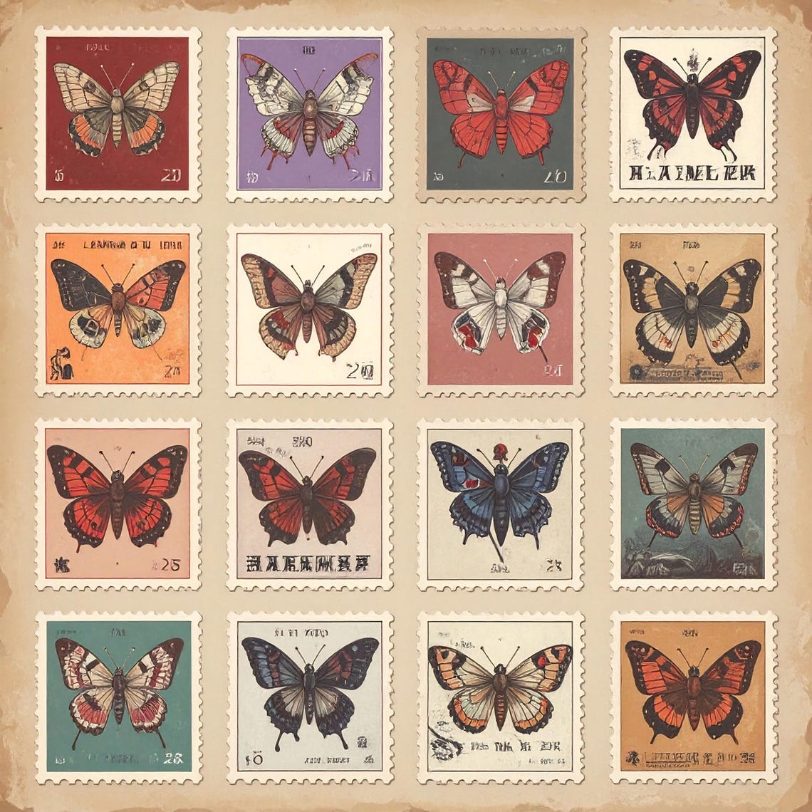 Vintage Butterfly & Insect Stamp Collage Sheets, Printable Ephemera ...