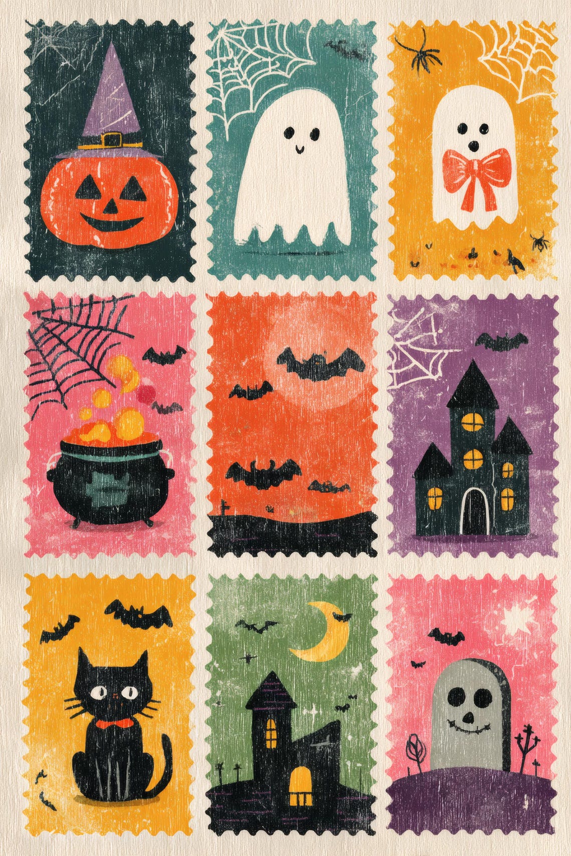 Vintage Halloween Stamp Set Ghost Pumpkin Cat Haunted House Cauldron ...