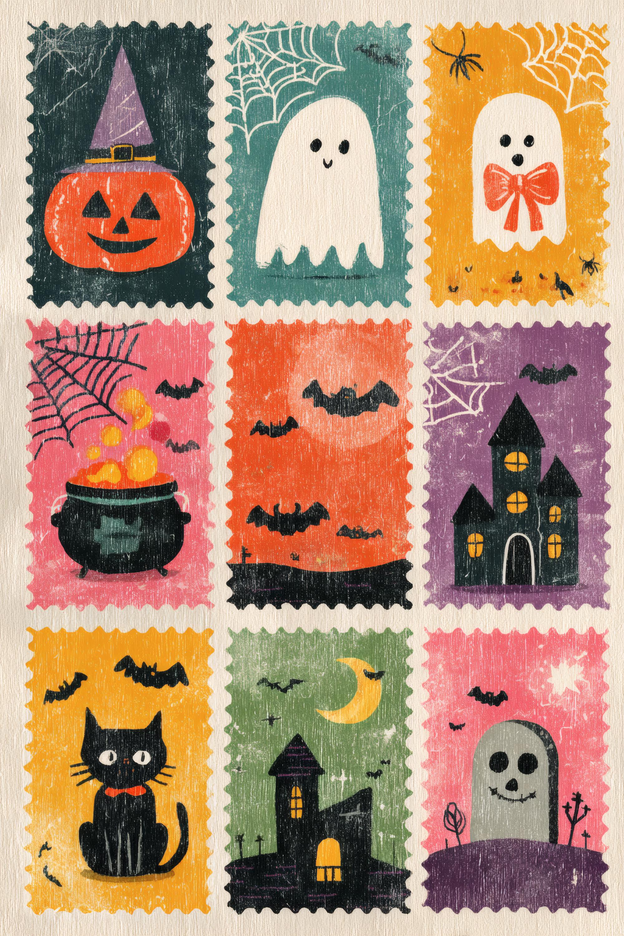 Vintage Halloween Stamp Set Ghost Pumpkin Cat Haunted House Cauldron ...