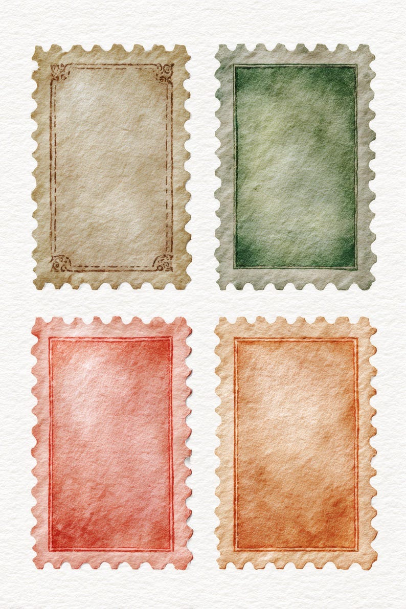 Blank Vintage Postage Stamp Set With Aged Watercolor Texture for ...