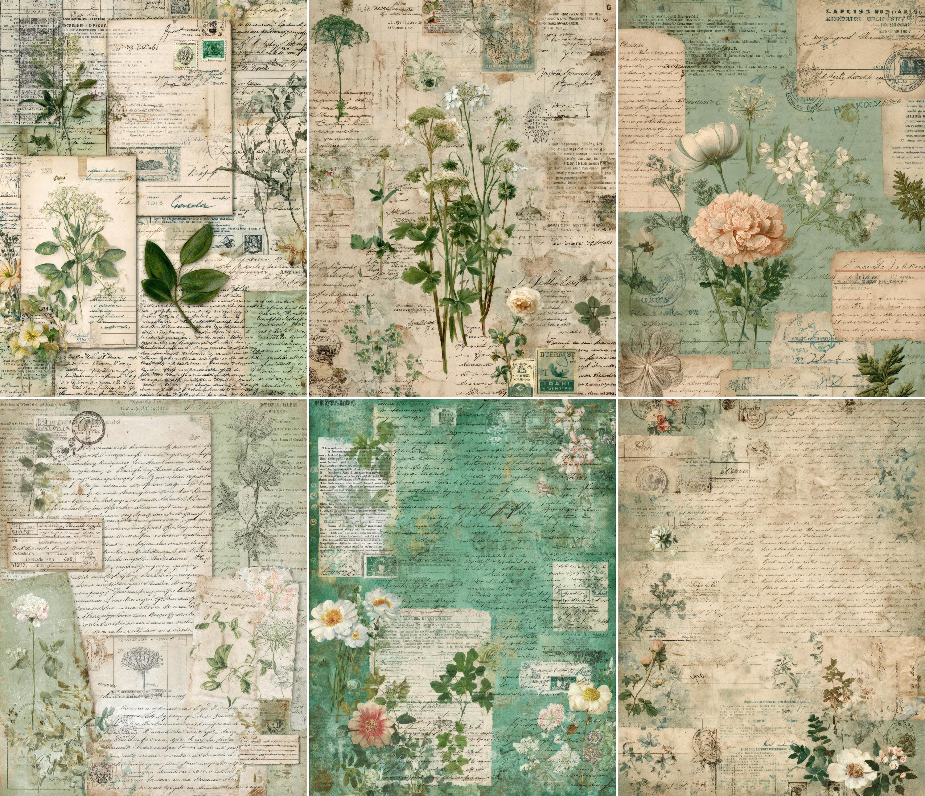 52 Vintage Floral Pages, Botanical Junk Journal Pages, Soft Green ...