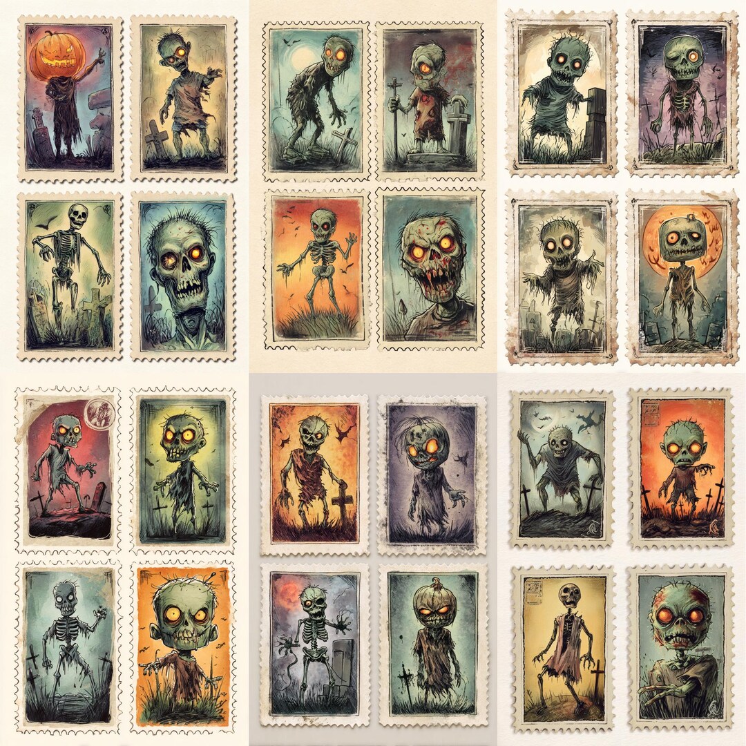 48 Halloween Zombie Stamp Clipart Bundle Spooky Pumpkin Illustration ...