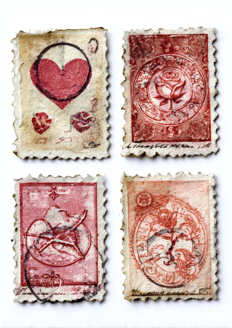Vintage Valentine Postage Stamps, Junk Journal Printable Stamps, Love ...