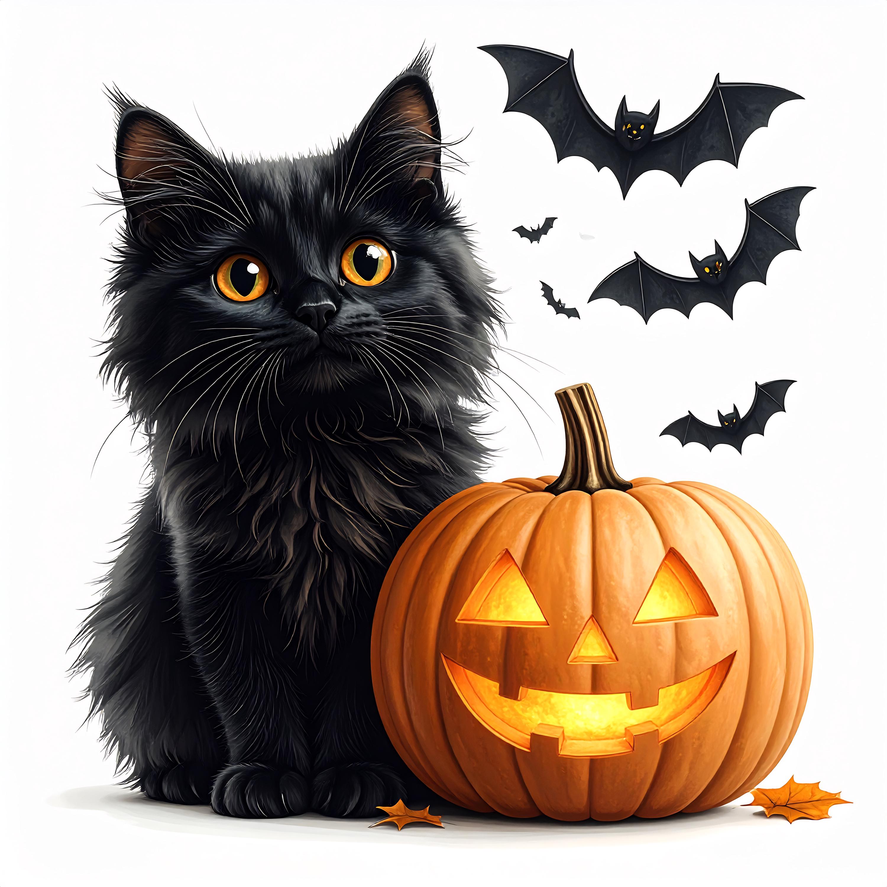 Cute Black Cat Clipart With Glowing Pumpkin Whimsical Halloween Cat ...