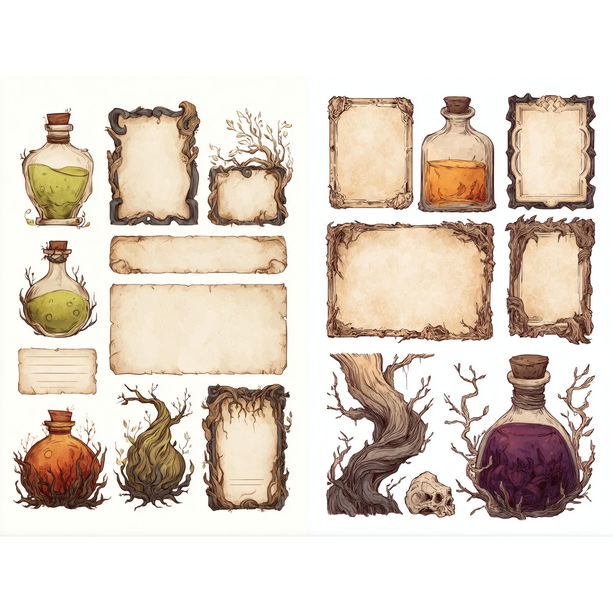 Witchy Potion Labels and Fantasy Game Ui Elements With Mystical Frames ...