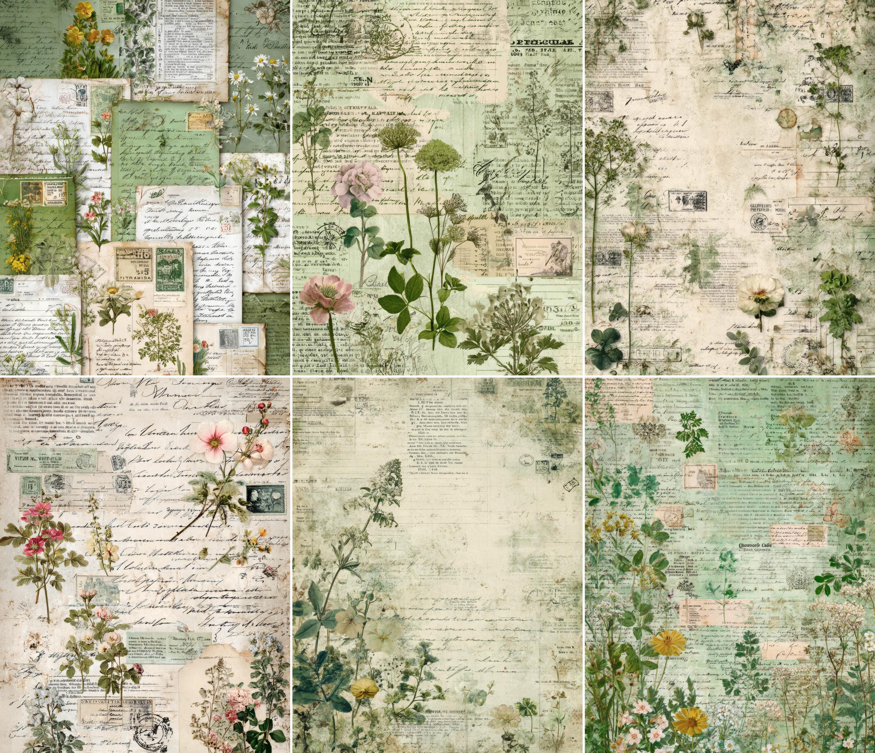 52 Vintage Floral Pages, Botanical Junk Journal Pages, Soft Green ...