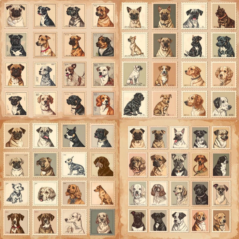 Vintage Dog Postage Stamp Collage Sheets – Printable Ephemera for ...