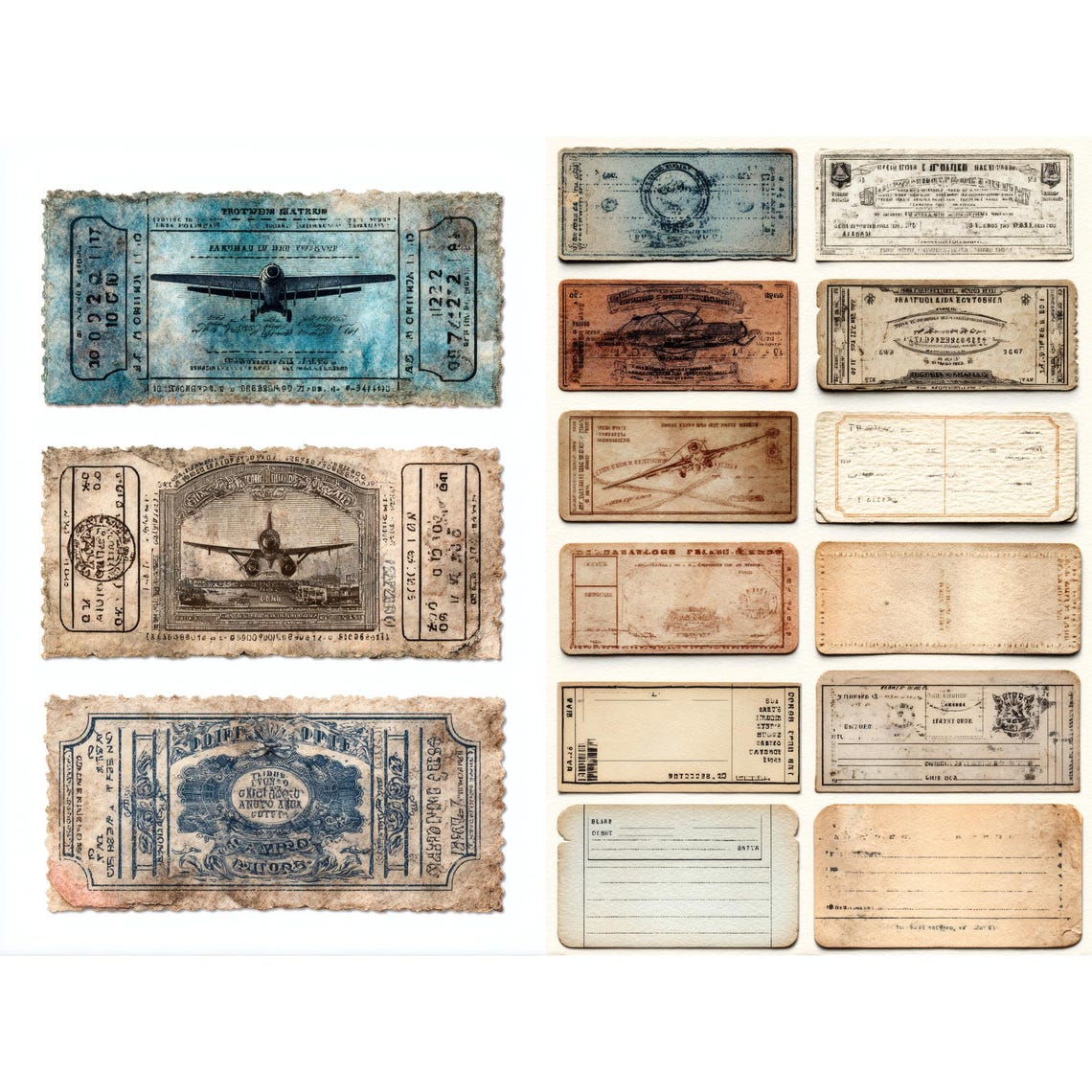 Vintage Flight Ticket Stubs Printable Ephemera Set Faded Blue Sepia ...