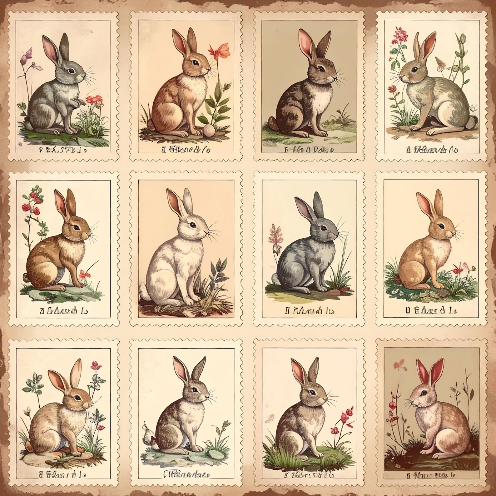 Vintage Rabbit Postage Stamp Collage Sheets – Printable Bunny Ephemera ...