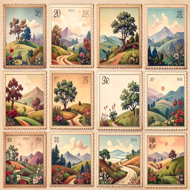 Hills Landscape Postage Stamp Collage Sheet Vintage Nature Ephemera for ...