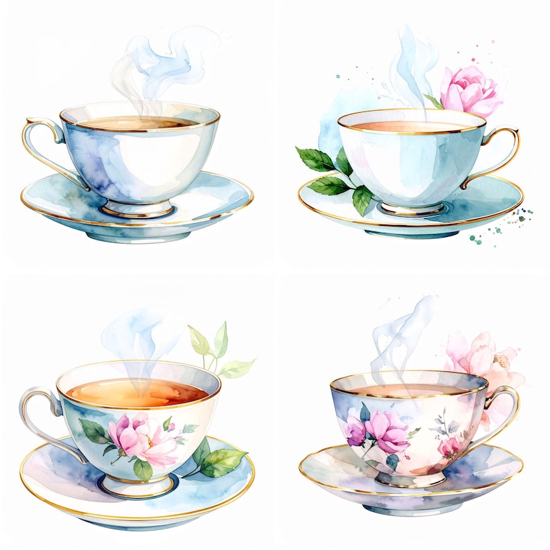 12 Vintage Teacup Clipart Watercolor Tea Cup Floral China Painting ...