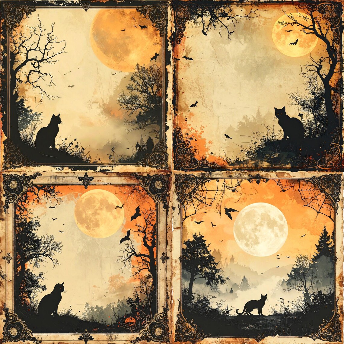 Halloween Scrapbook Paper Pack With Vintage Black Cat Full Moon Spooky ...