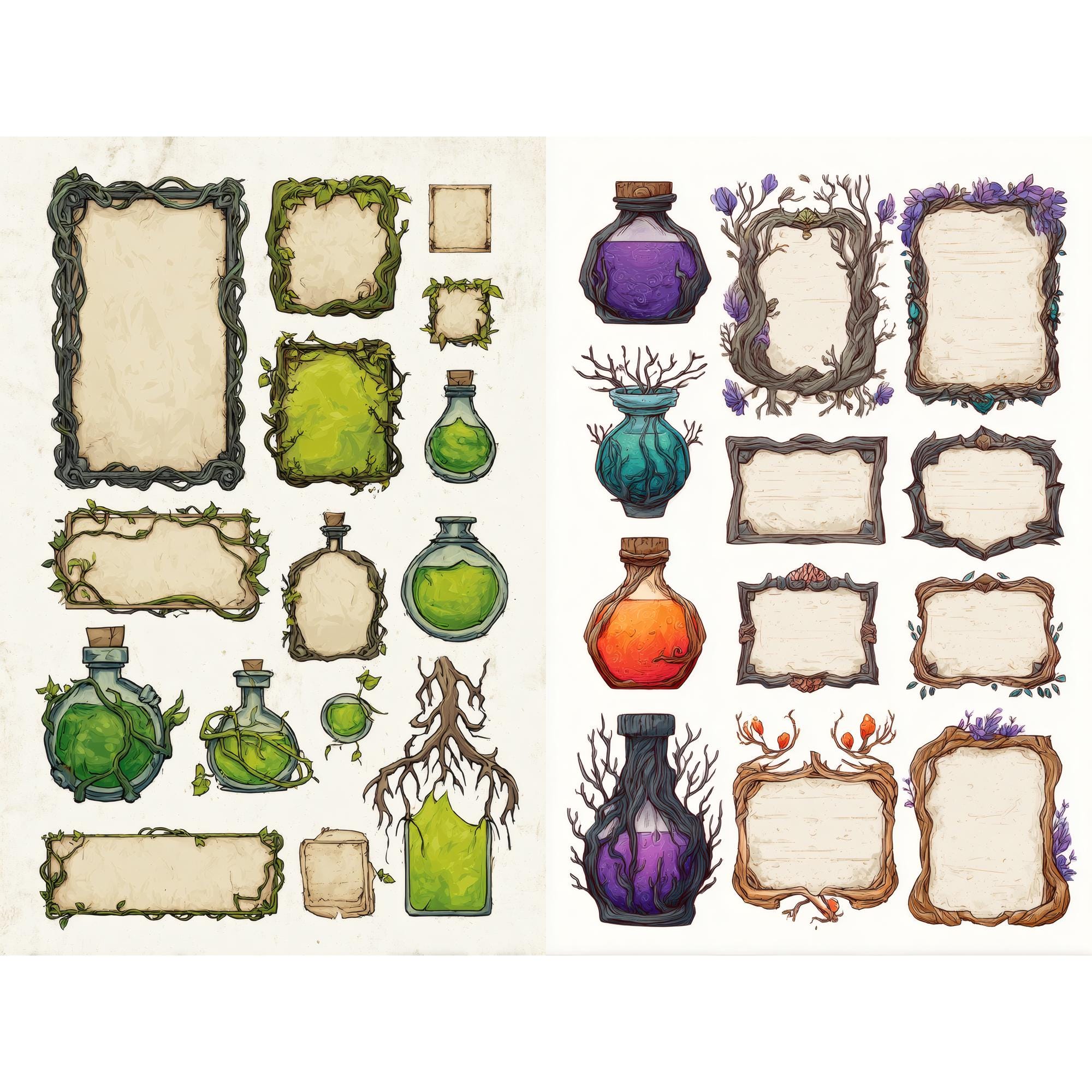Witchy Potion Labels and Fantasy Game Ui Elements With Mystical Frames ...