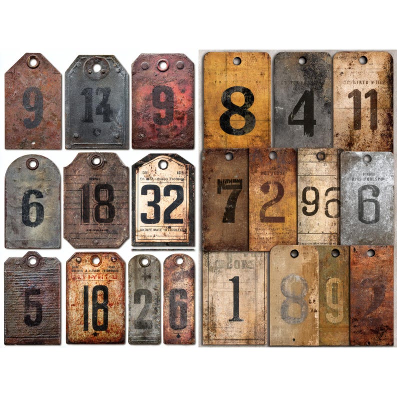 Printable Grunge Number Tags Collage Sheet Industrial Ephemera ...