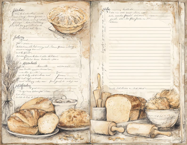 Vintage Recipe Junk Journal Kit, 12 Printable Kitchen Pages With Bread ...