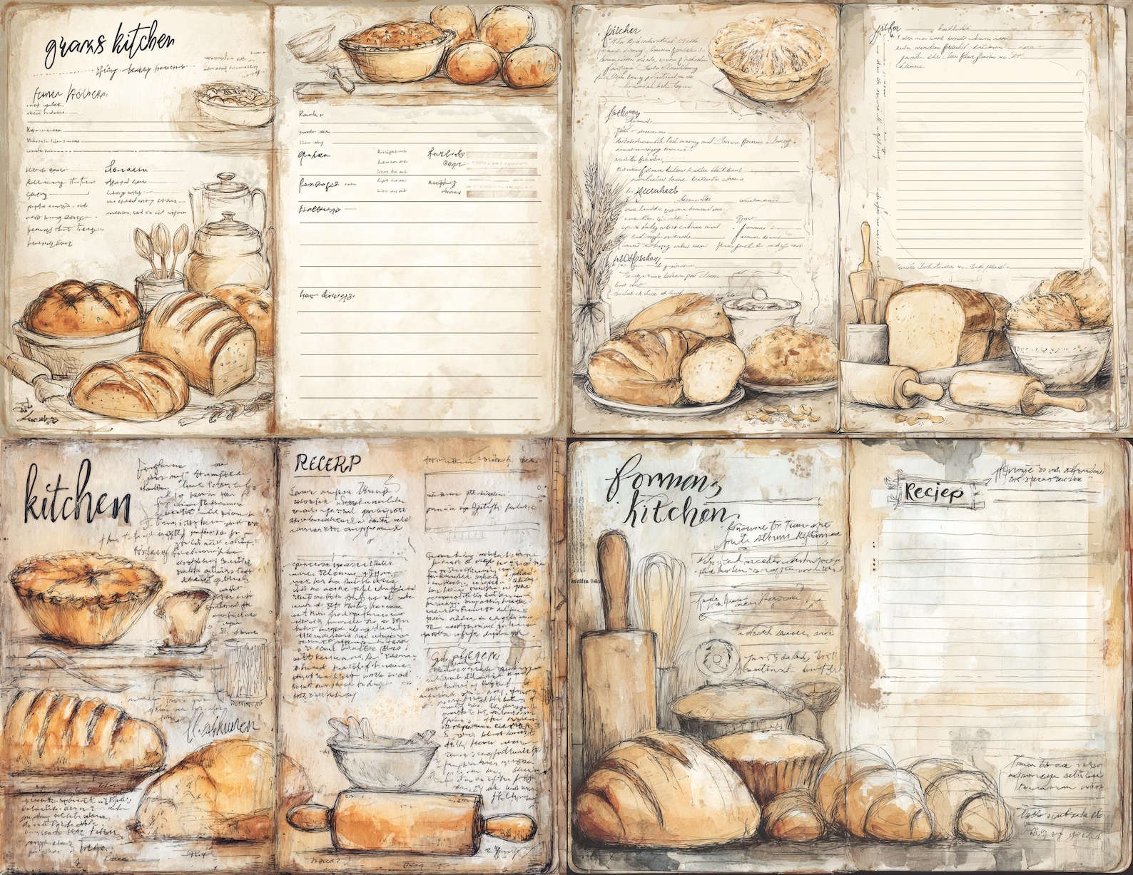 Vintage Recipe Junk Journal Kit, 12 Printable Kitchen Pages With Bread ...