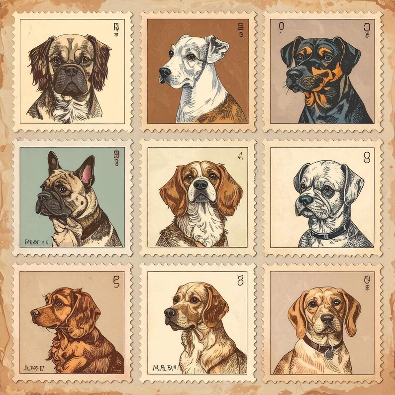 Vintage Dog Postage Stamp Collage Sheets – Printable Ephemera for ...