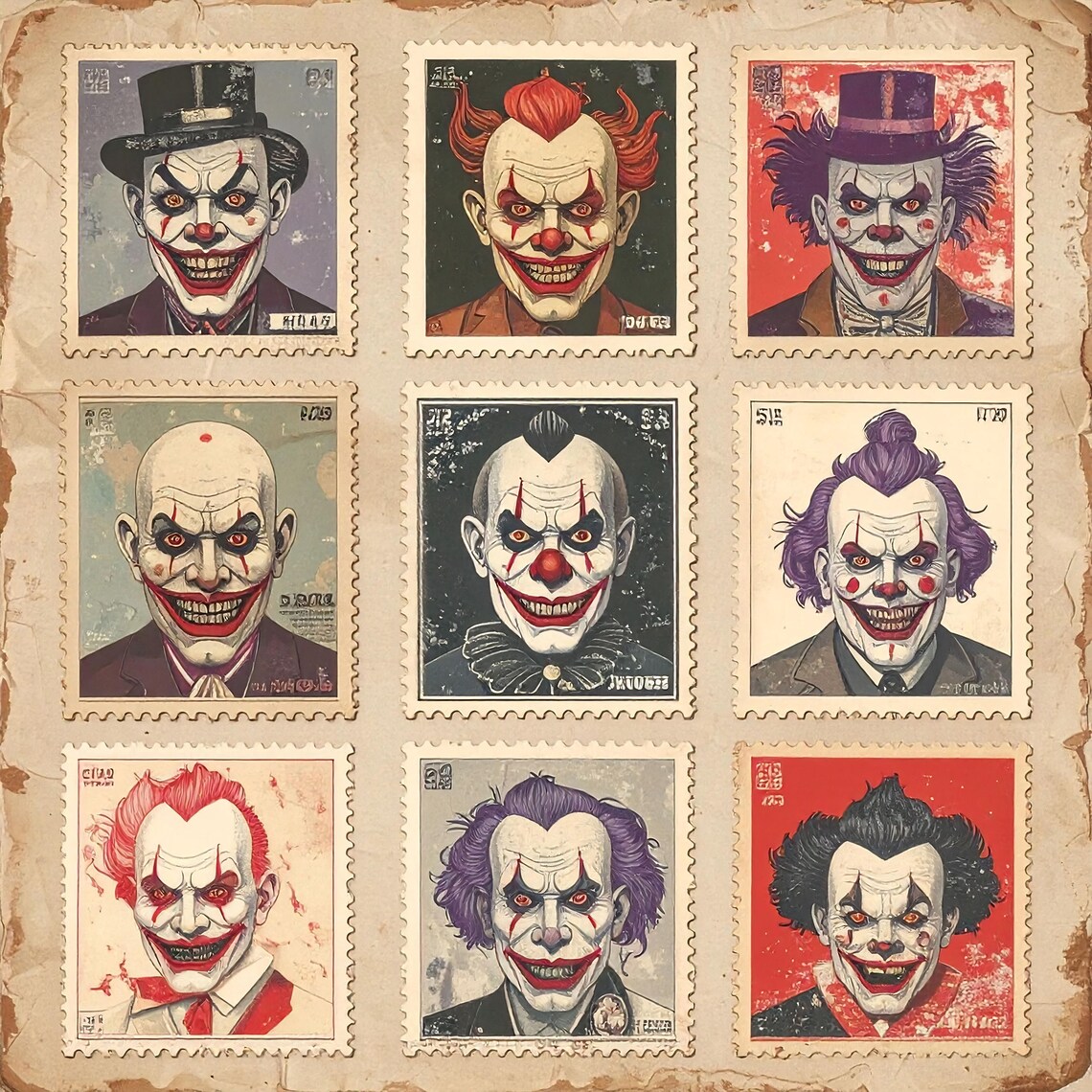 Vintage Joker Stamps Ephemera Sheet Bundle With 100+ Creepy Clown ...