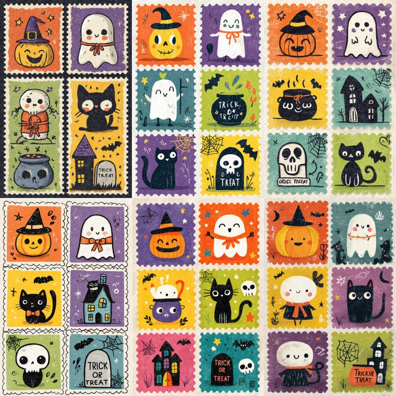 Cartoon Halloween Postage Stamps Printable Ephemera Sheets Ghost ...