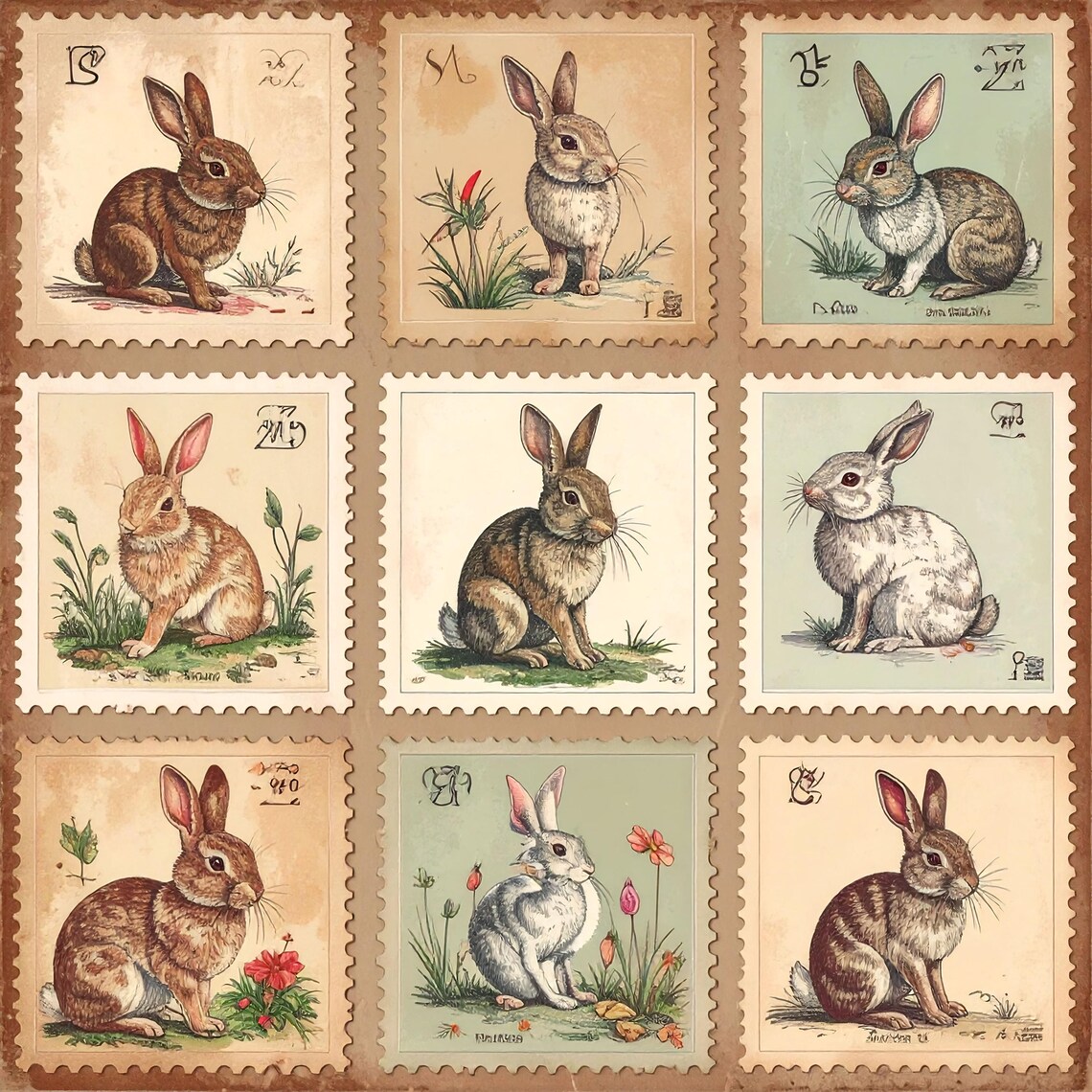Vintage Rabbit Postage Stamp Collage Sheets – Printable Bunny Ephemera ...