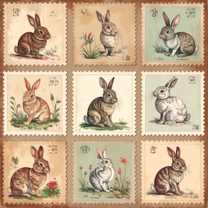Vintage Rabbit Postage Stamp Collage Sheets – Printable Bunny Ephemera ...