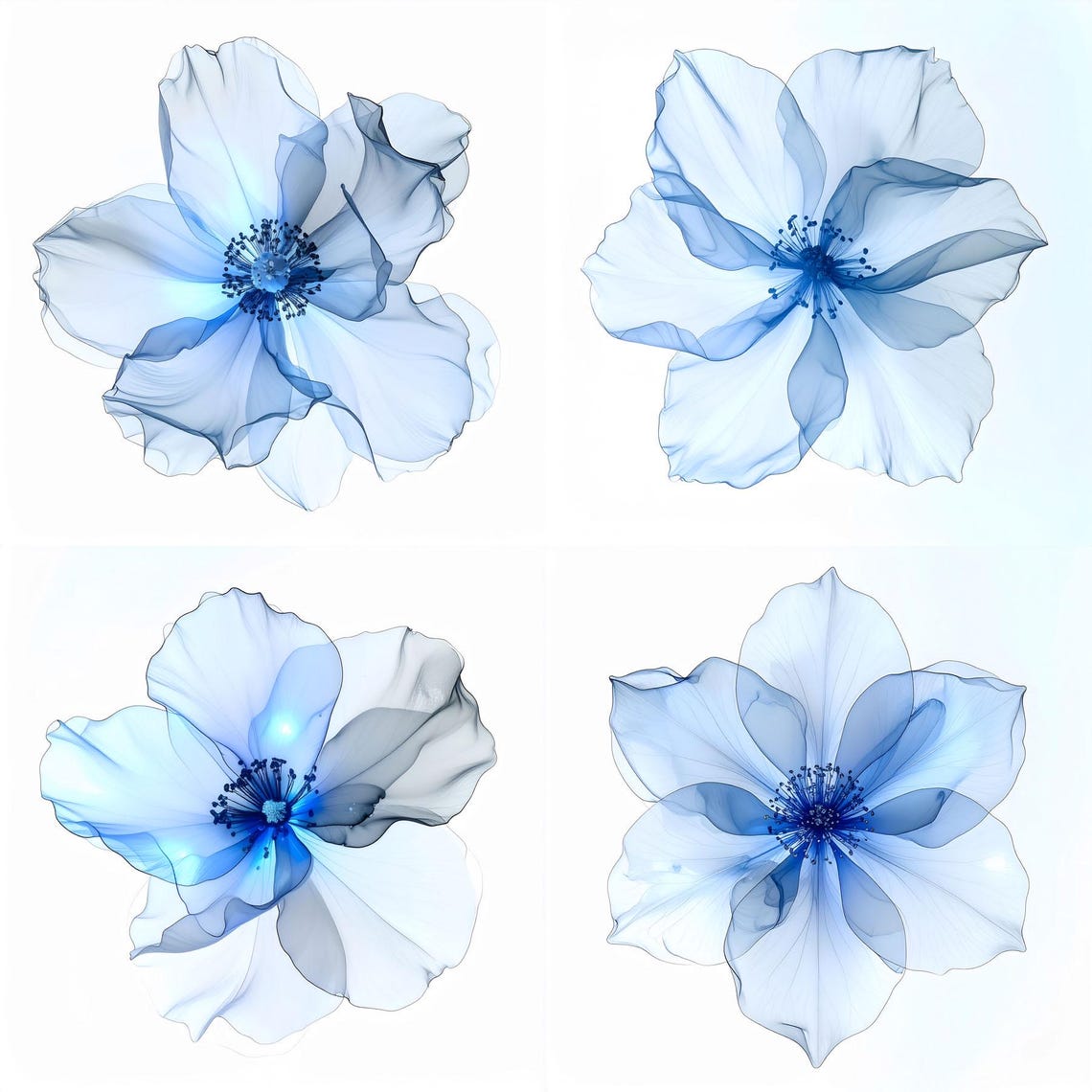 12 Blue Ghost Flower Clipart Fantasy Ink Style Floral Art Botanical ...