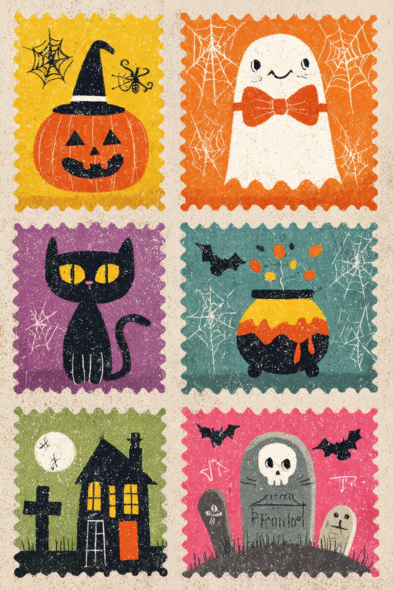 Vintage Halloween Stamp Set Ghost Pumpkin Cat Haunted House Cauldron ...