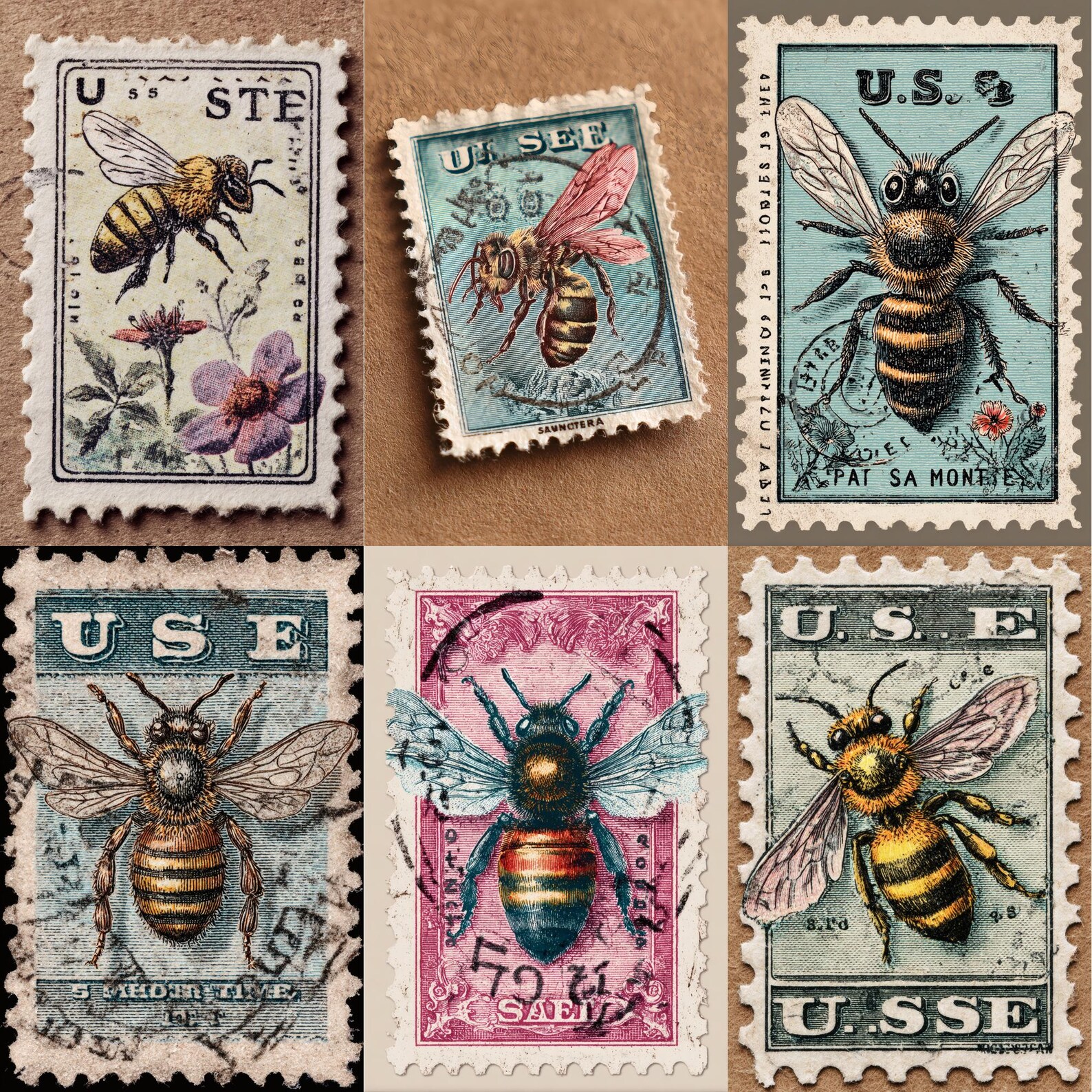 12 Vintage Bee Postage Stamps Honeycomb Ephemera Collection Retro Bee ...