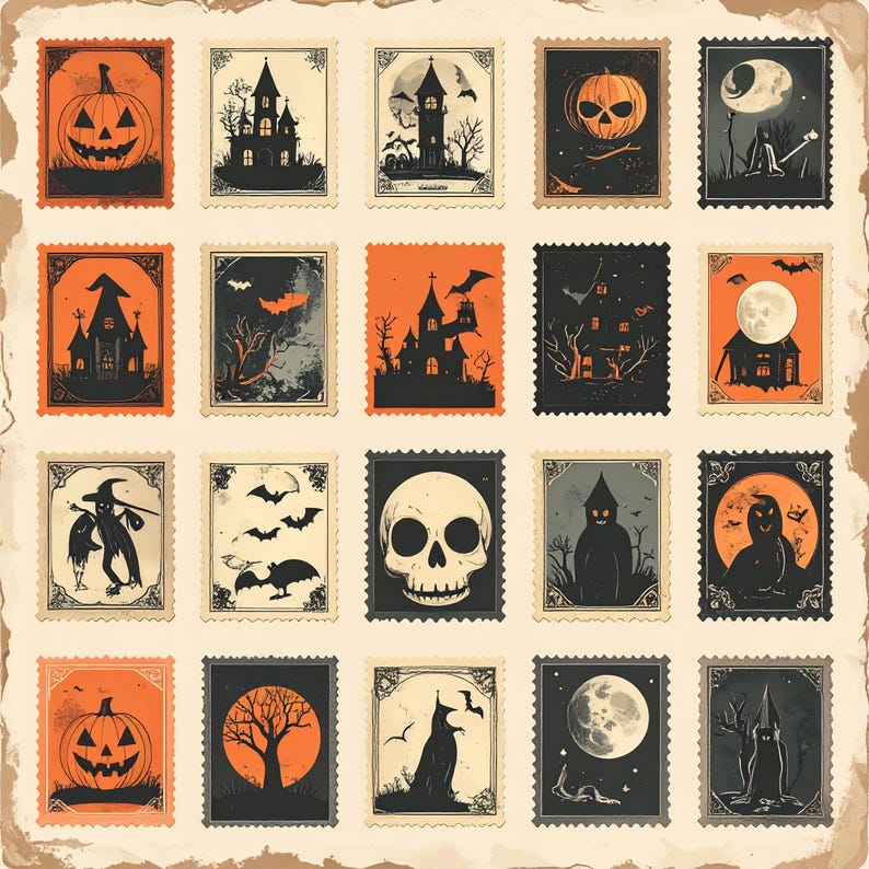 Halloween Stamp Collage Sheet Printable Spooky Vintage Ephemera for ...