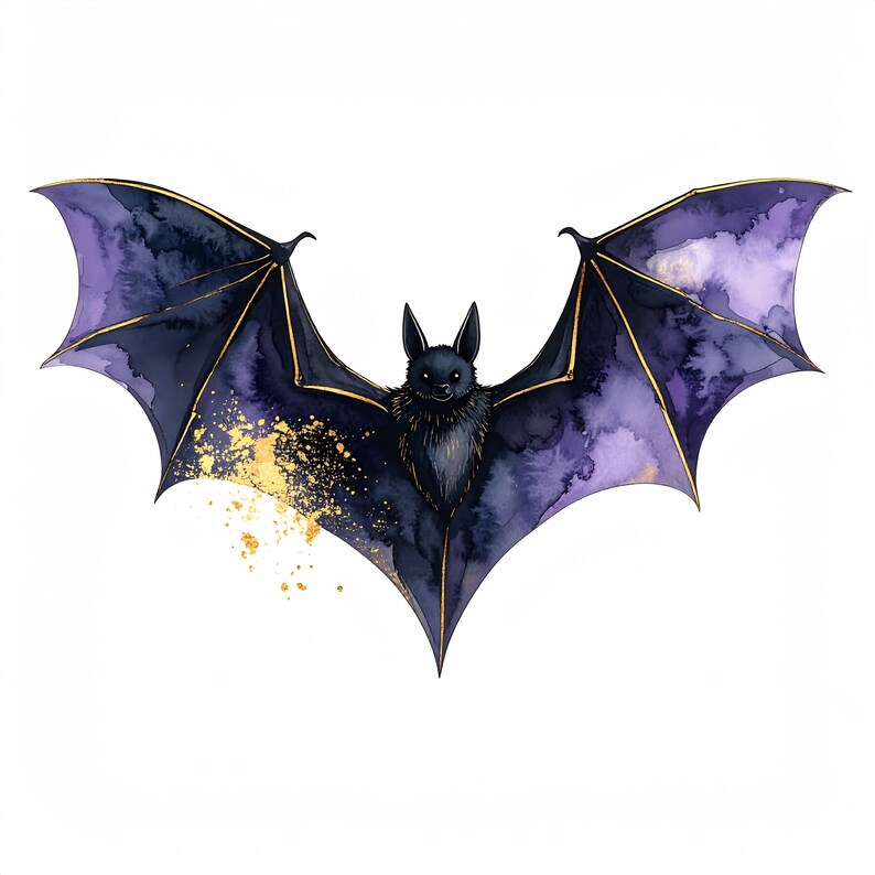 12 Bat Clipart Set Flying Bat Art With Gold Outline Alcohol Ink Style ...