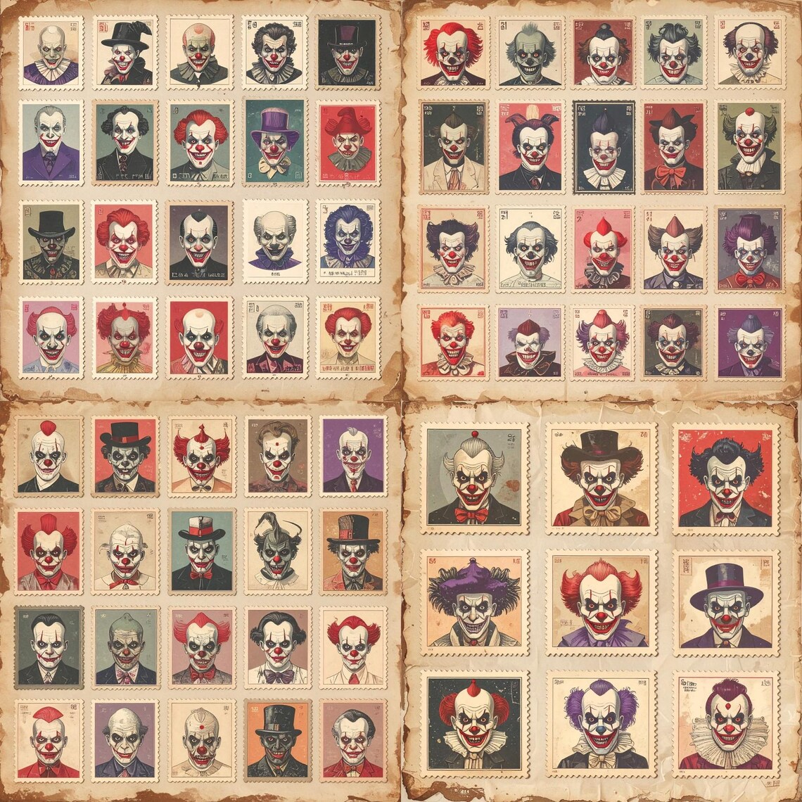 Vintage Joker Stamps Ephemera Sheet Bundle With 100+ Creepy Clown ...