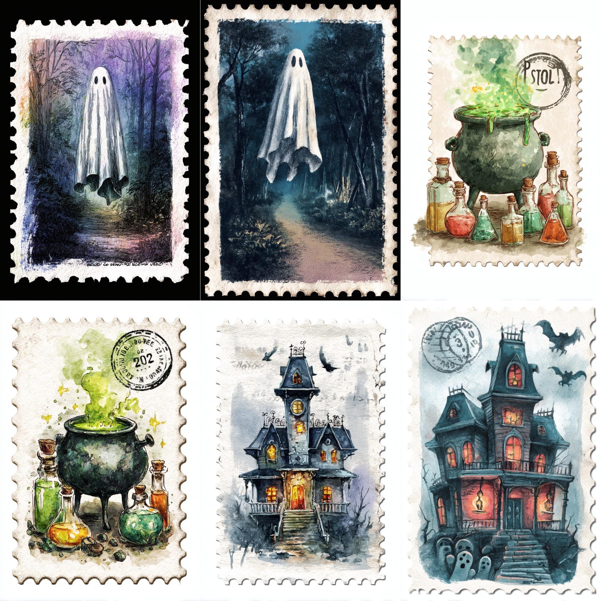 Halloween Postage Stamp Clipart Bundle Vintage Spooky Ephemera Ghost ...