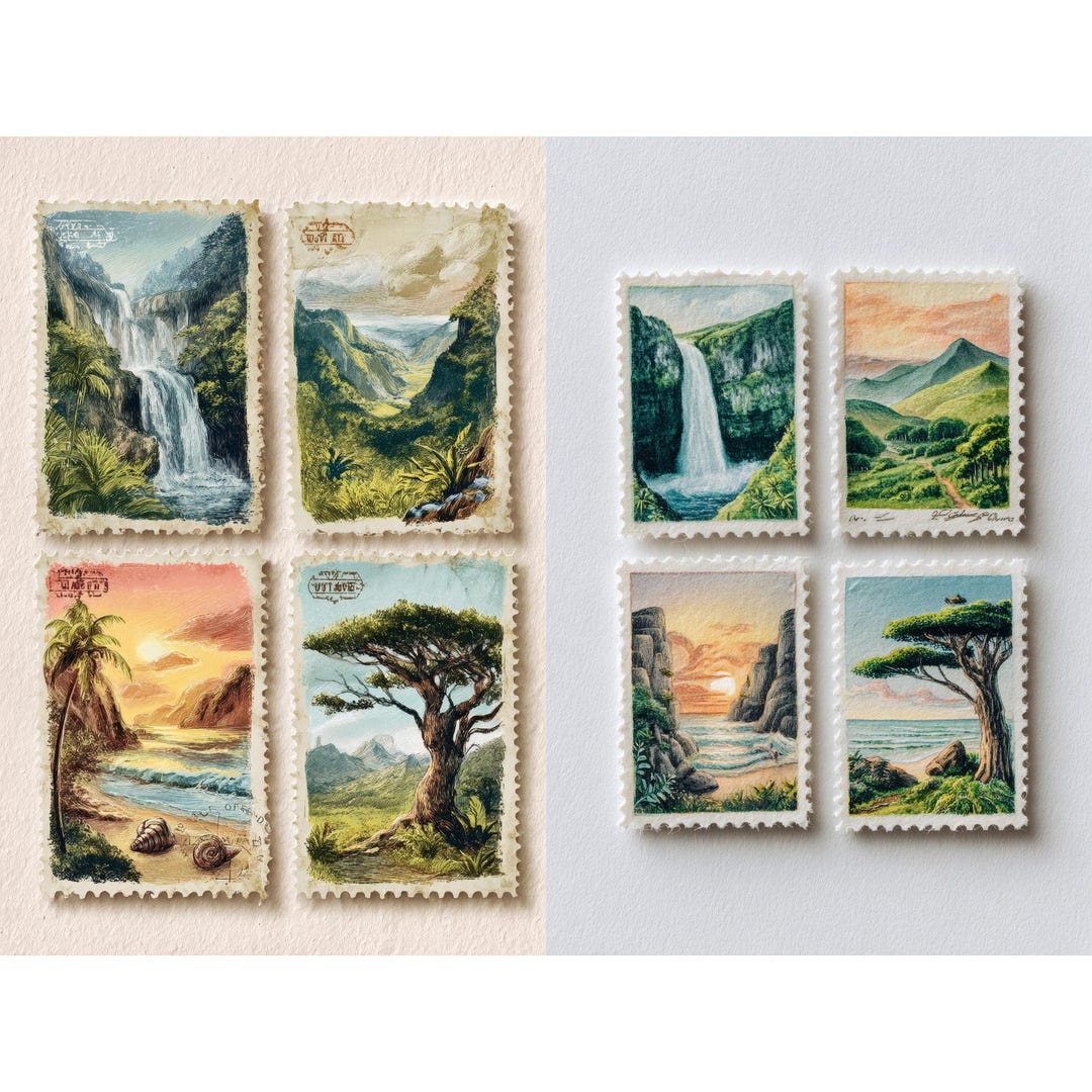 48 Landscape Postage Stamp Sheet With Vintage Watercolor Nature ...