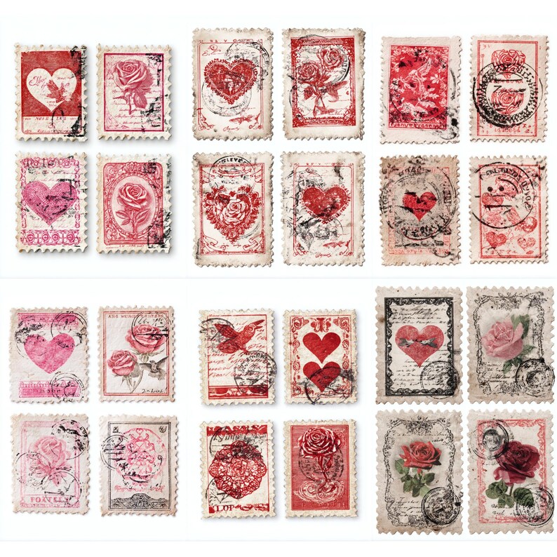 Vintage Valentine Postage Stamps, Junk Journal Printable Stamps, Love ...