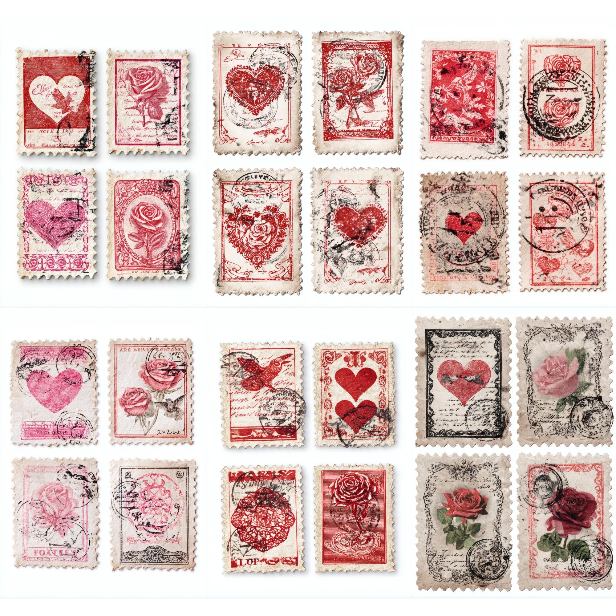 Vintage Valentine Postage Stamps, Junk Journal Printable Stamps, Love ...