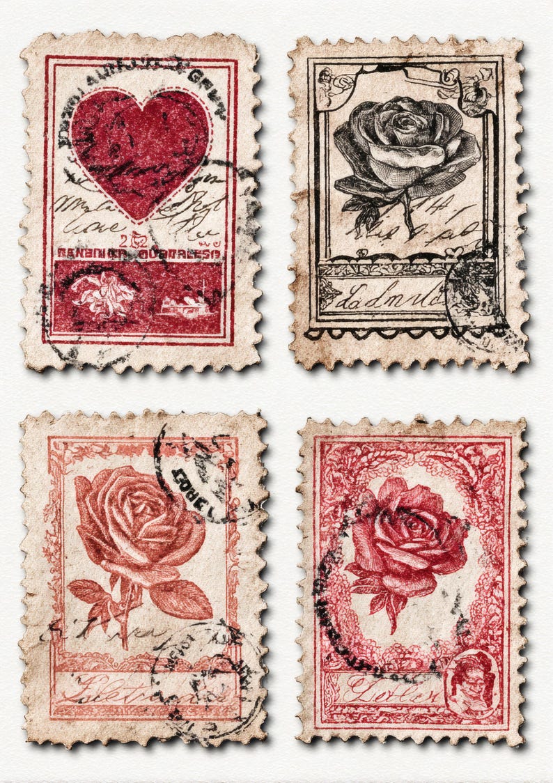 Vintage Valentine Postage Stamps, Junk Journal Printable Stamps, Love ...