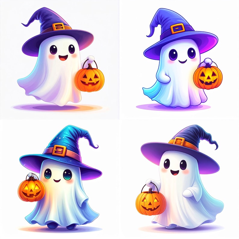 Cute Halloween Ghost Clipart Holding Pumpkin Lantern Kawaii Spooky ...