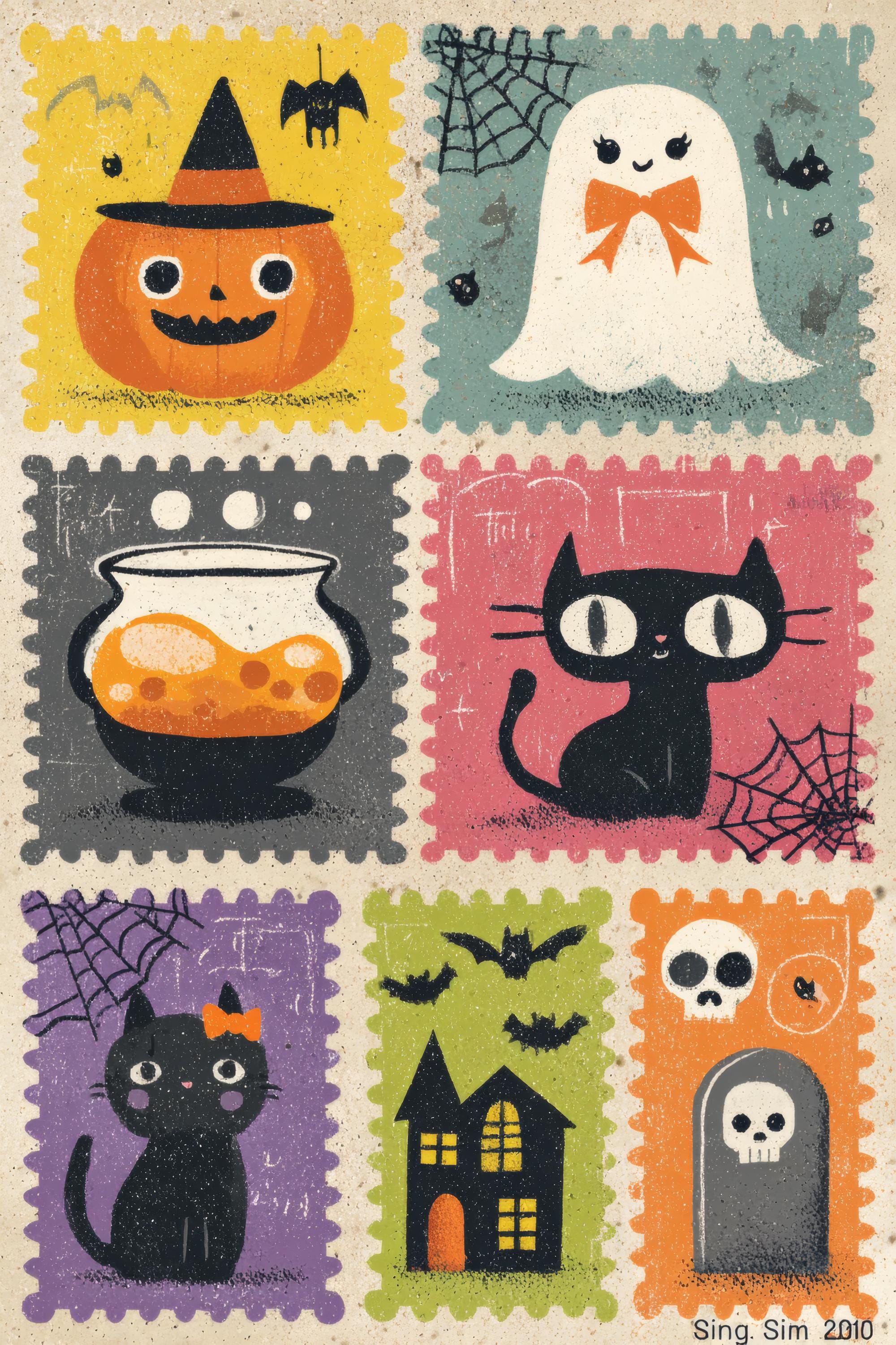 Vintage Halloween Stamp Set Ghost Pumpkin Cat Haunted House Cauldron ...