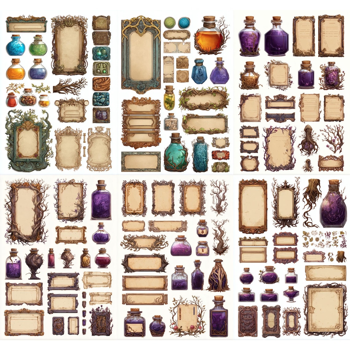 Witchy Game UI Elements and Frames, Fantasy Potion Labels, Mystical ...