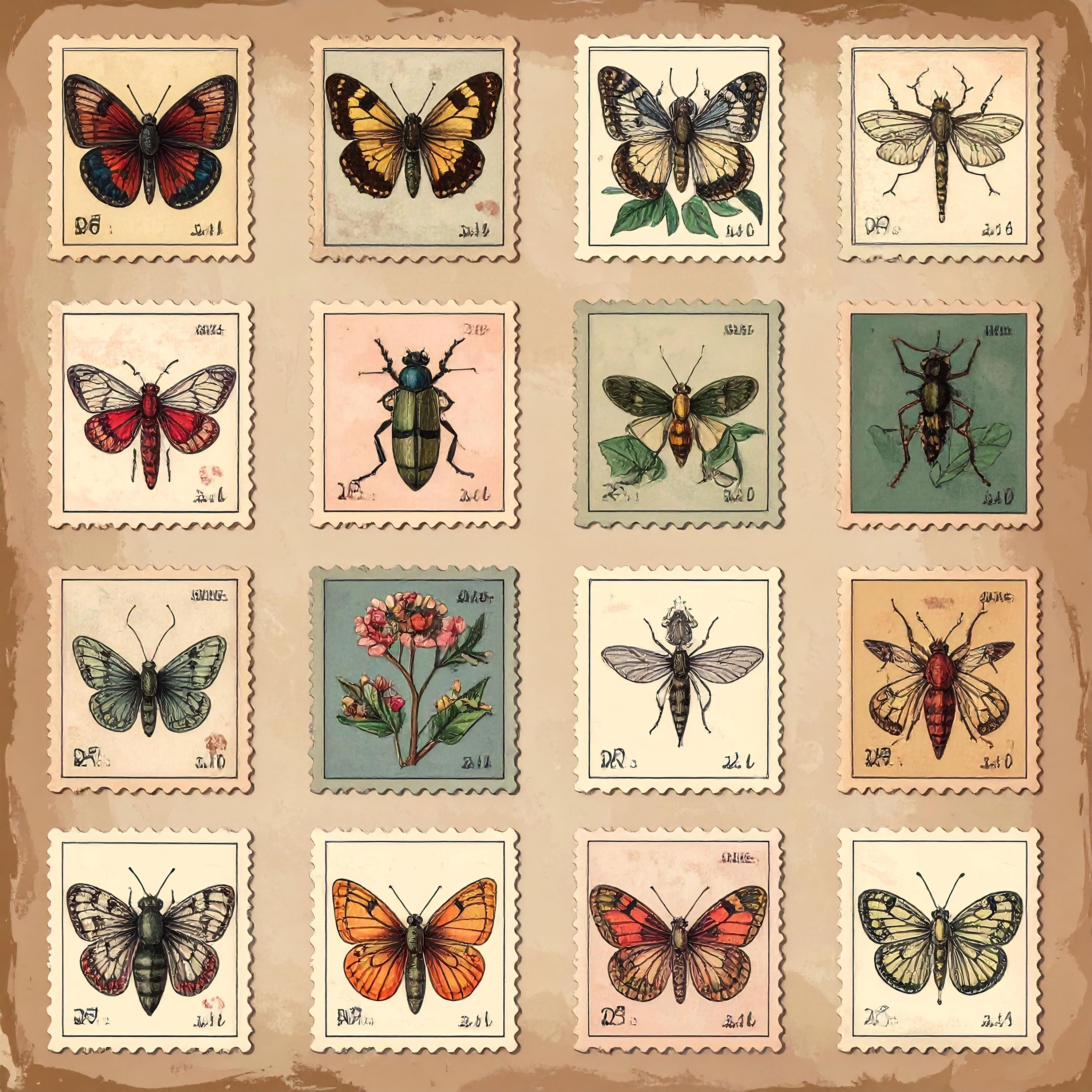 Vintage Butterfly & Insect Stamp Collage Sheets, Printable Ephemera ...