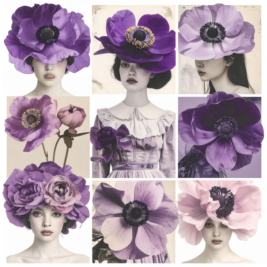 Gothic Floral Portraits Printable Purple Blossom Woman Art for Junk ...