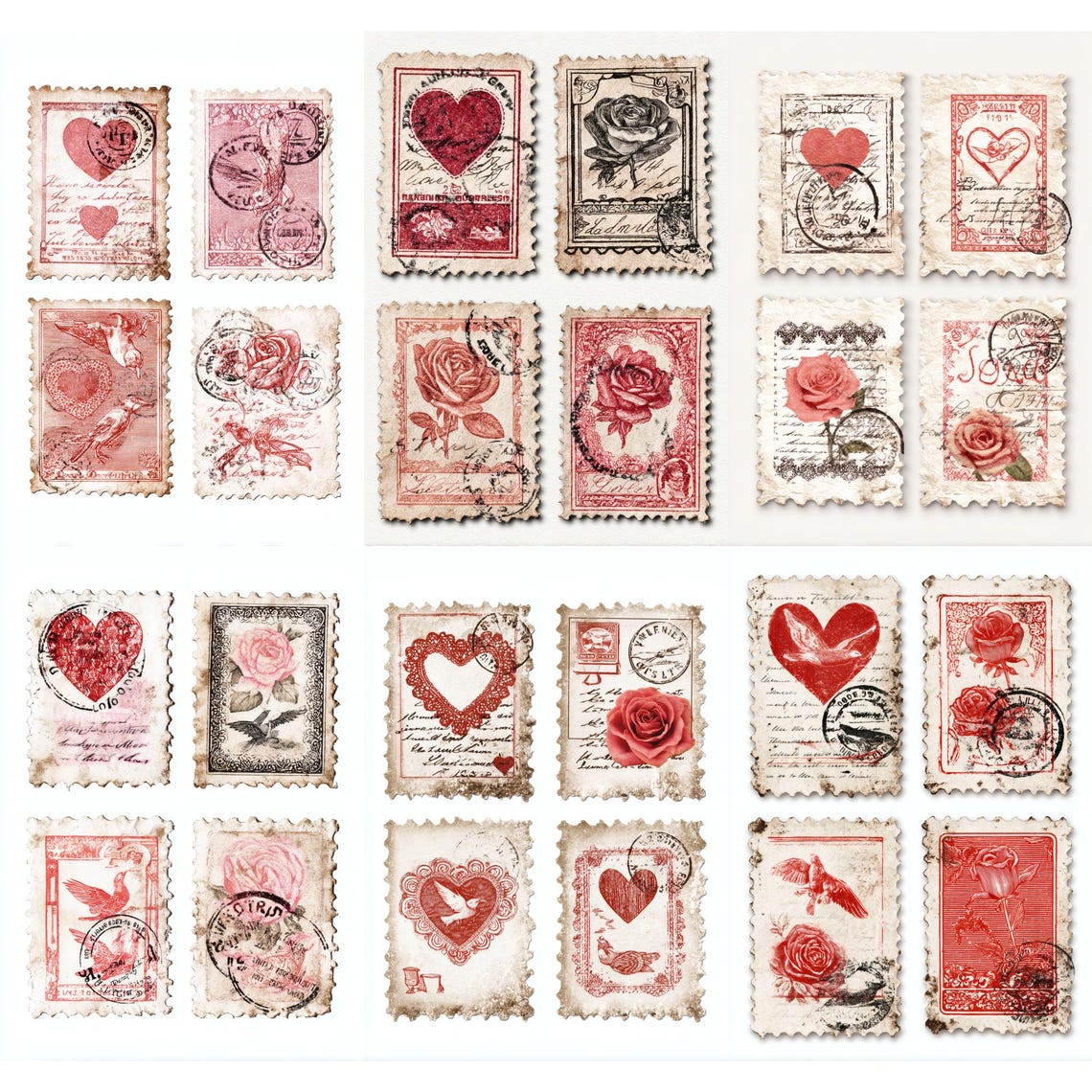 Vintage Valentine Postage Stamps, Junk Journal Printable Stamps, Love ...