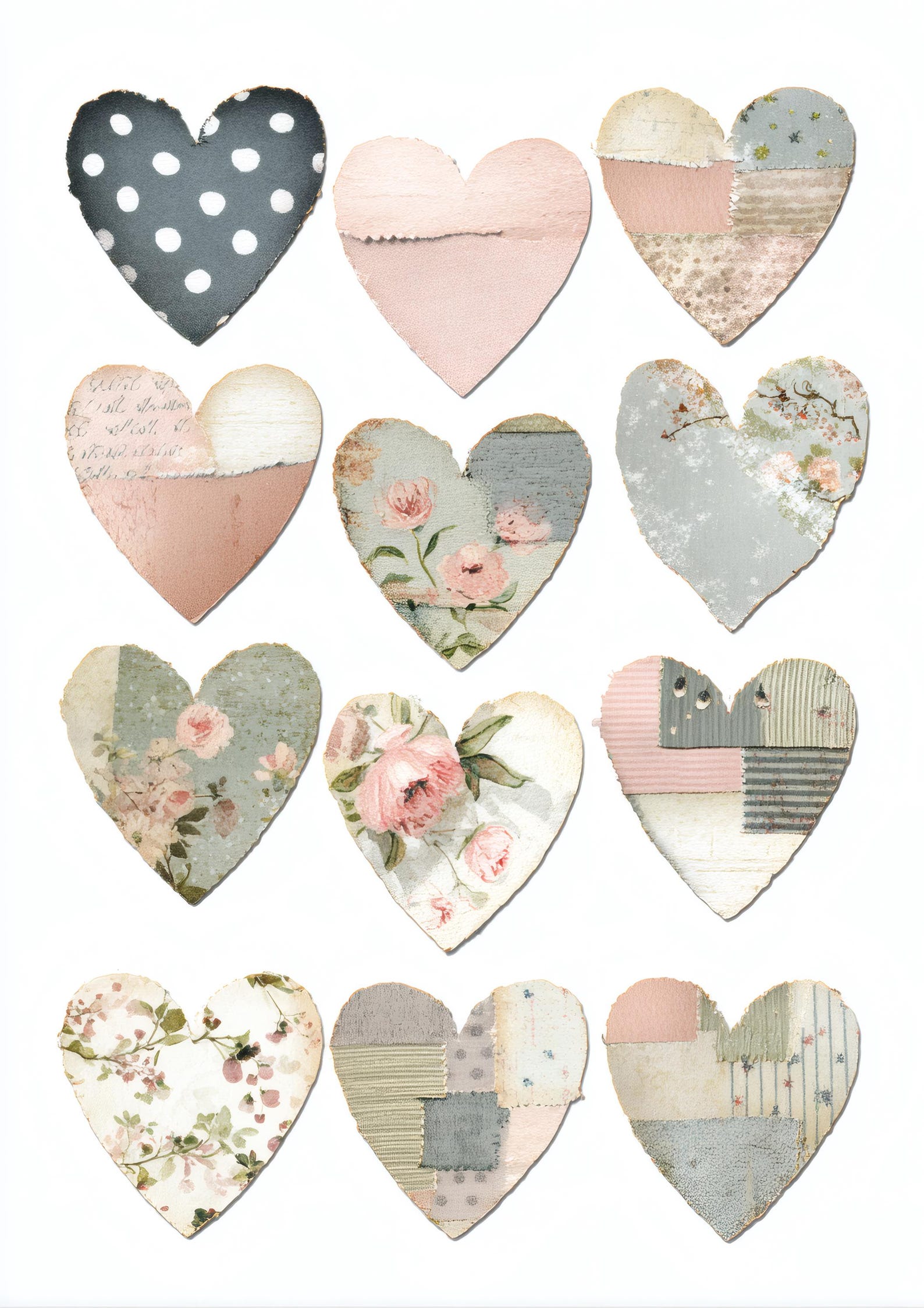 Patchwork Heart Labels Printable, Valentine Junk Journal Ephemera ...