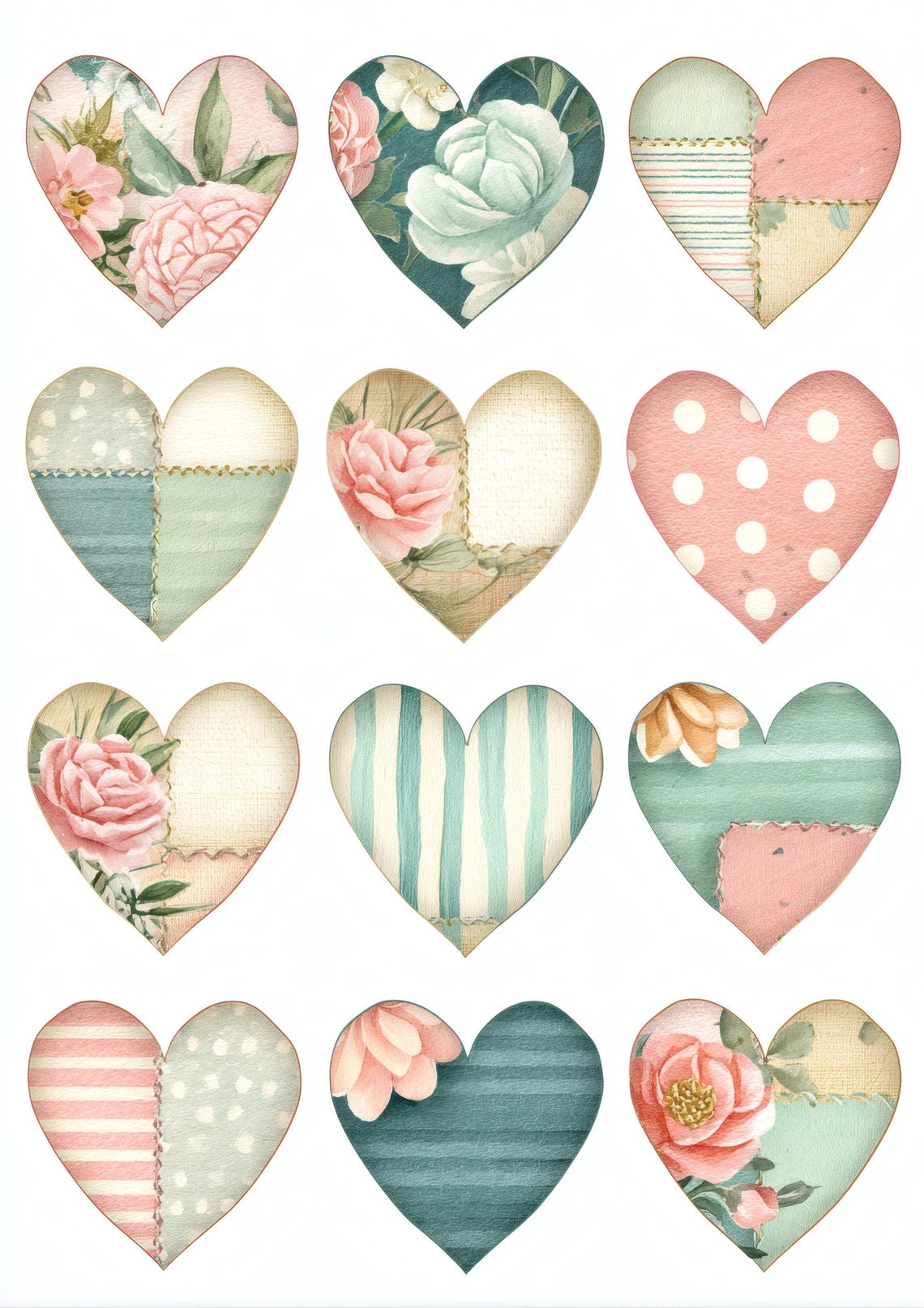 Patchwork Heart Labels Printable, Valentine Junk Journal Ephemera ...