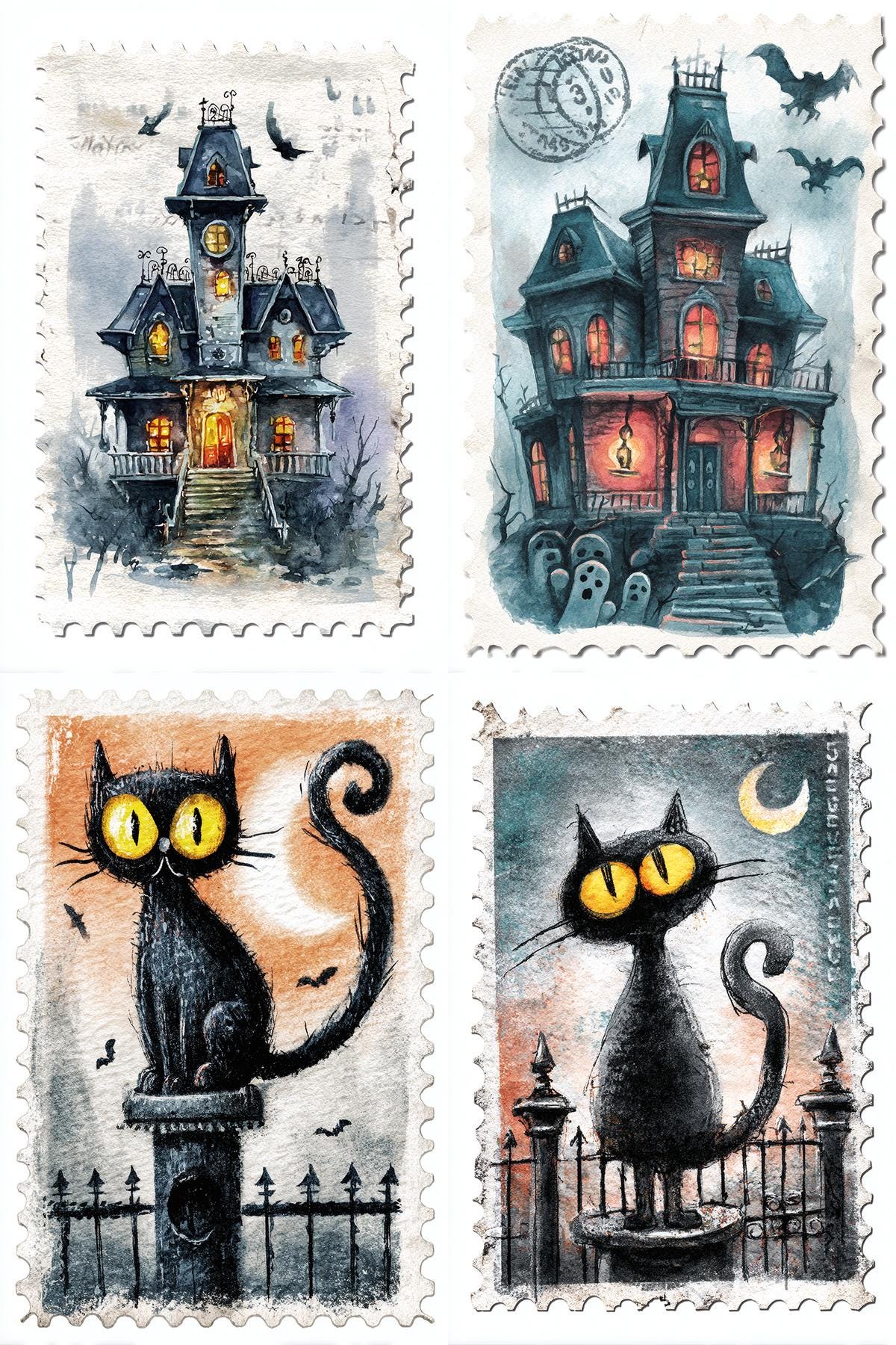 Halloween Postage Stamp Clipart Bundle Vintage Spooky Ephemera Ghost ...