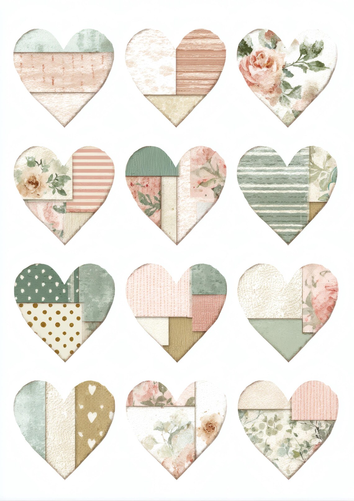 Patchwork Heart Labels Printable, Valentine Junk Journal Ephemera ...
