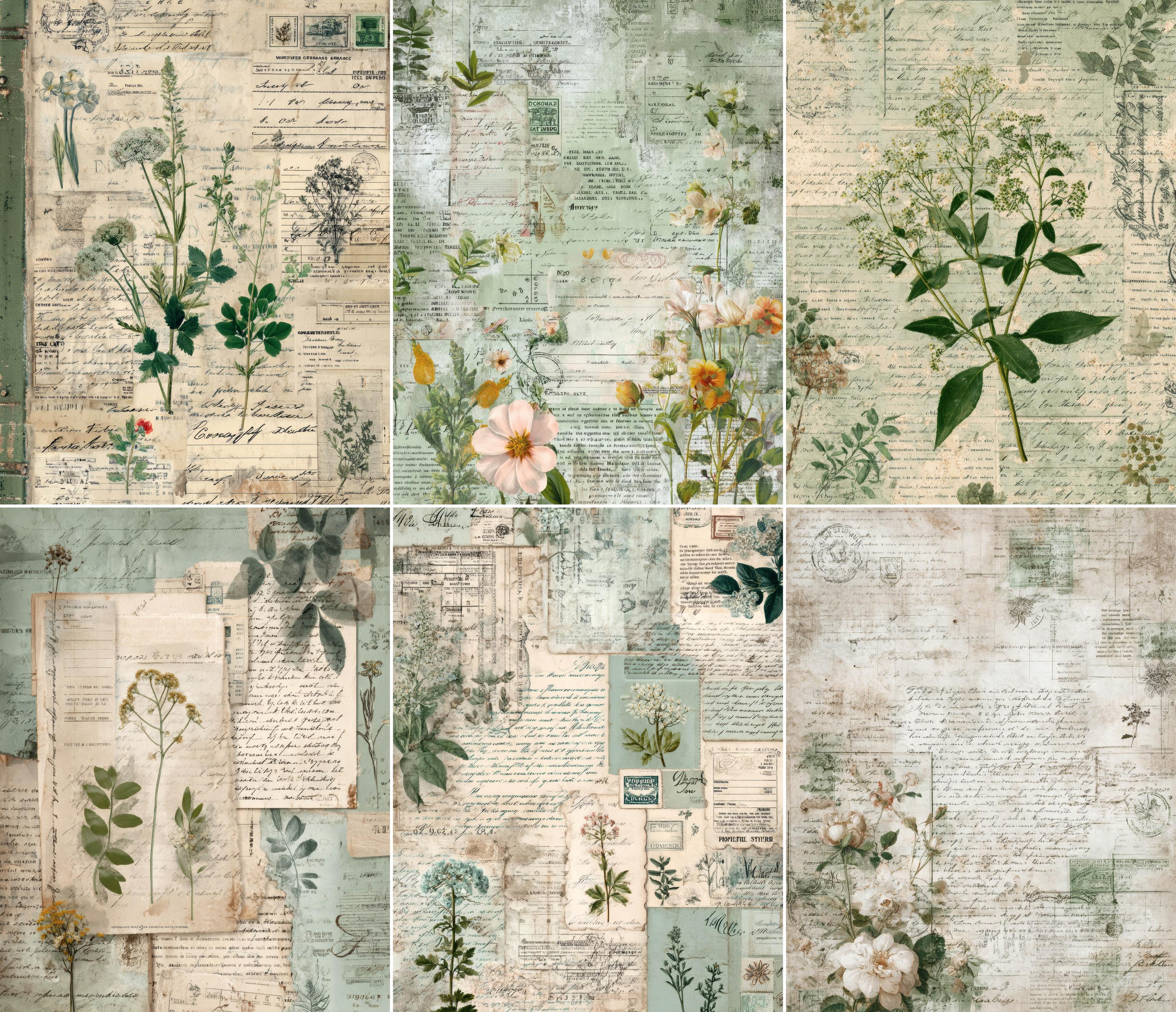 52 Vintage Floral Pages, Botanical Junk Journal Pages, Soft Green ...